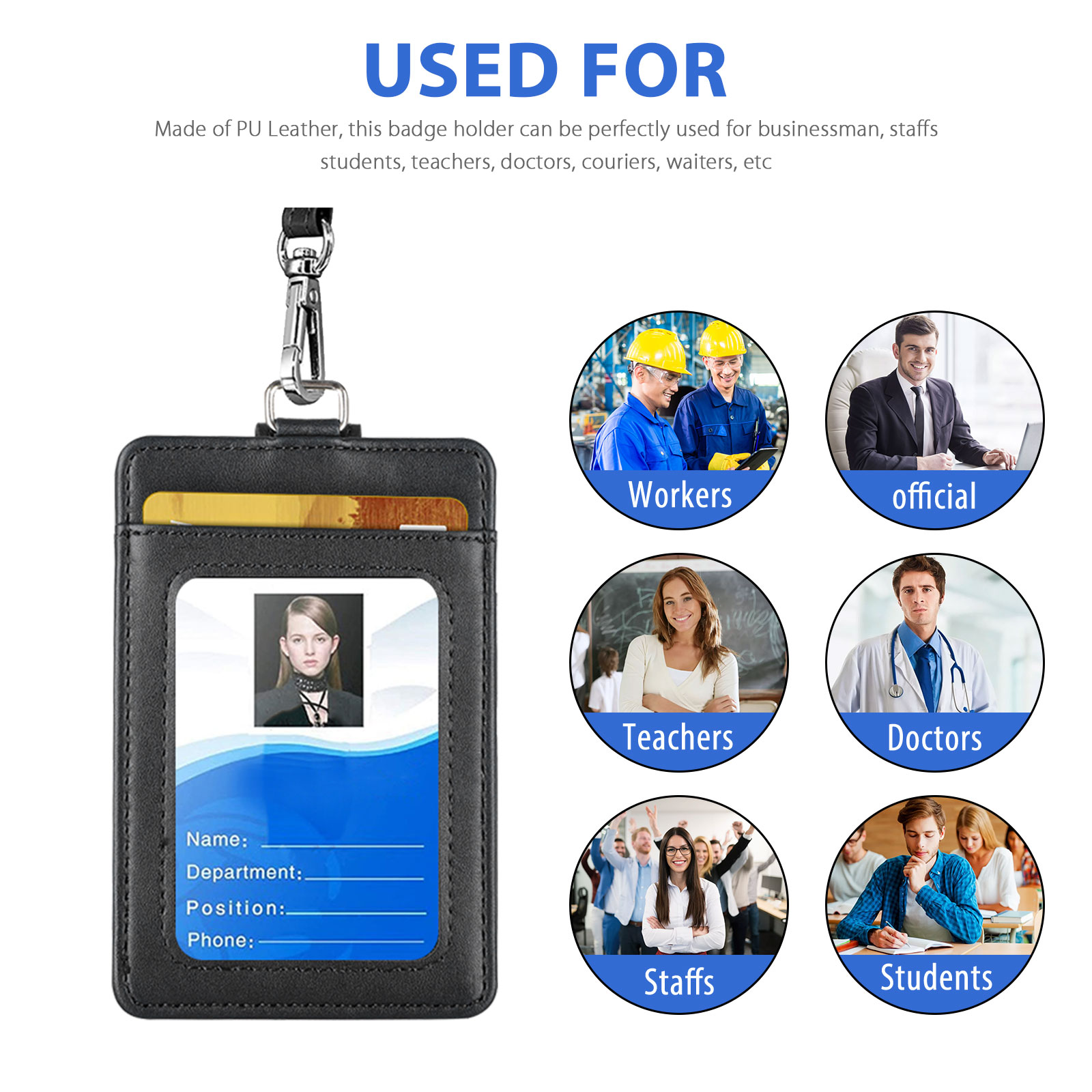 ID Badge Card Holder Vertical Clip Neck Strap Lanyard Necklace Case PU ...