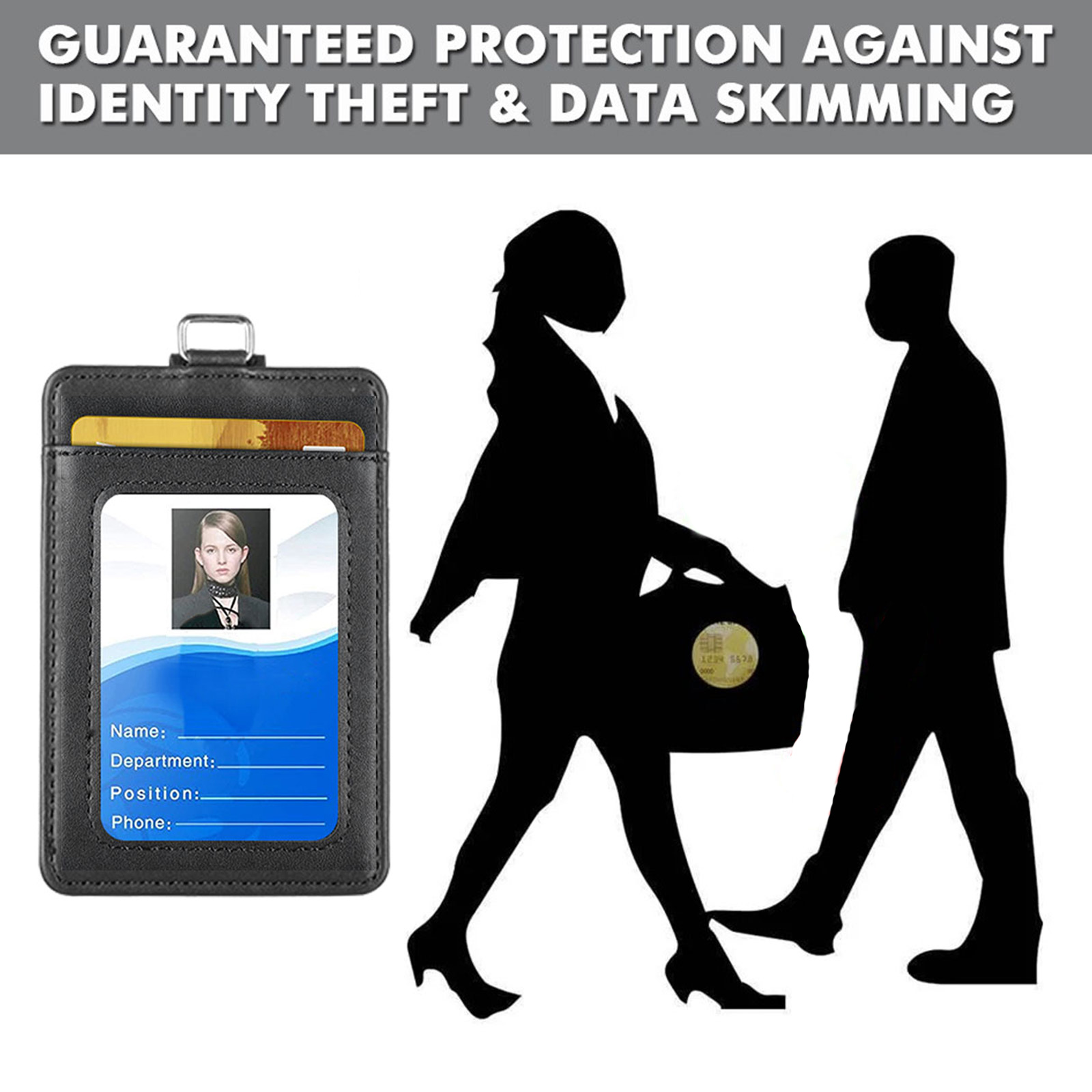 ID Badge Card Holder Vertical Clip Neck Strap Lanyard Necklace Case PU ...